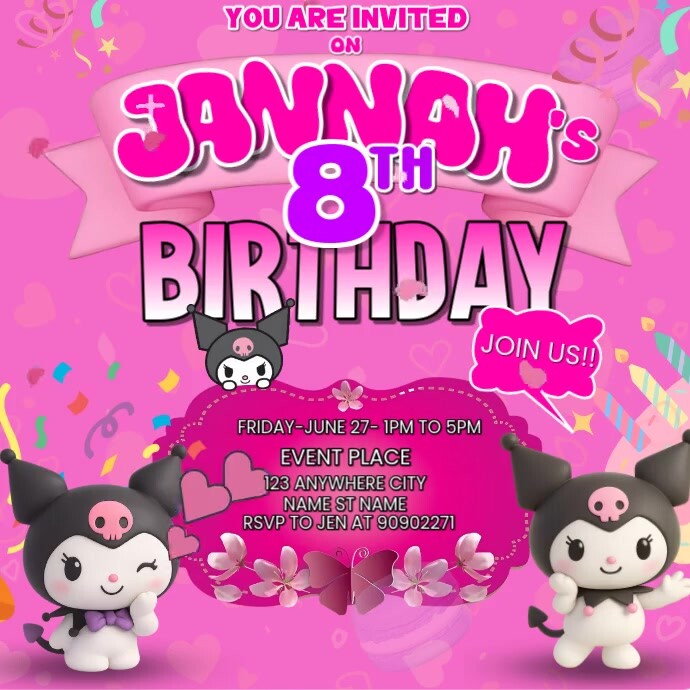 KUROMI THEME BIRTHDAY INVITATION CARD Template | PosterMyWall