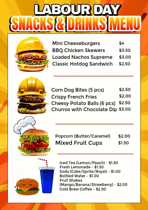 Labour Day Snacks & Drinks Menu Template | PosterMyWall