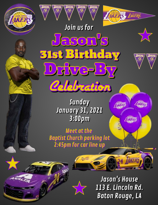 Copy of Lakers Drive By Birthday Invitation Template | PosterMyWall