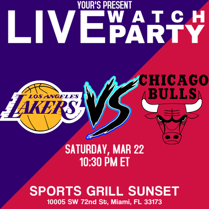 Lakers vs Bulls Watch Party Instagram Post Template | PosterMyWall