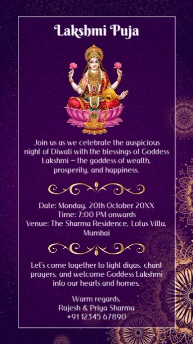 Lakshmi Puja Diwali Celebration Invitation Video Template | PosterMyWall