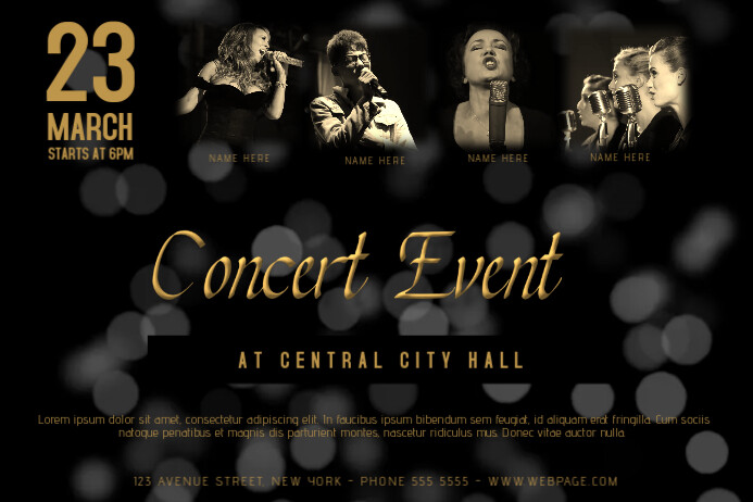 landscape black and gold concert event band template with four picture ...