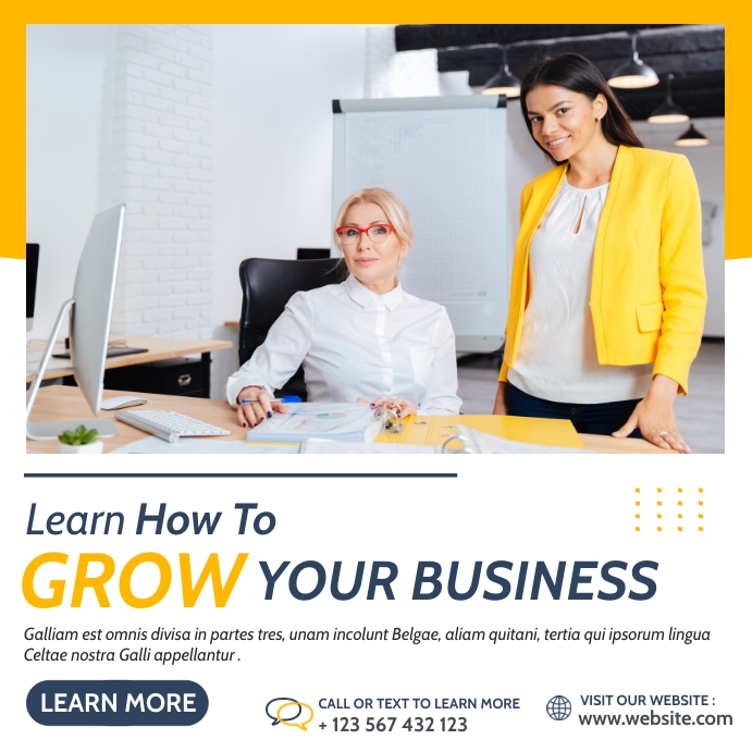 learn how to grow your business white and yel Template | PosterMyWall