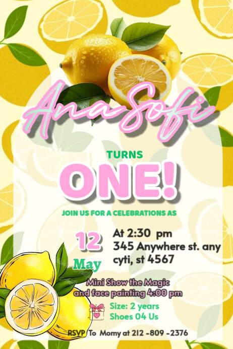 Copy of one Lemon invitation Brithday party temple flayer editablet ...