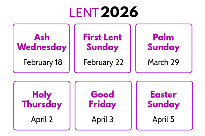 Lent 2026 Calendar Dates Poster Ash Wednesday Palm Sunday Good Friday ...