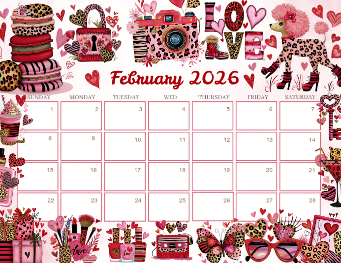 Leopard Pink Valentine february calendar 2026 Template | PosterMyWall