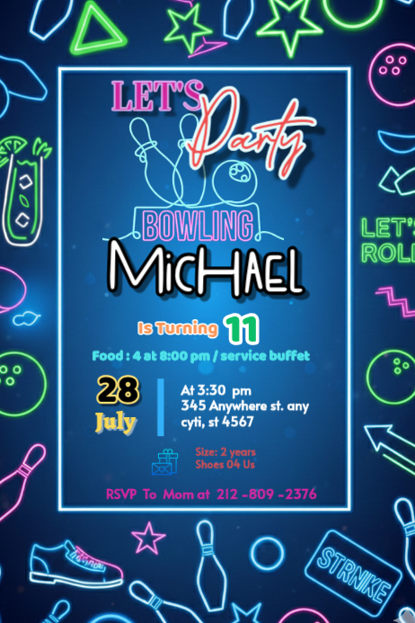 let's Bowling party Invitation celebration temple flayer editablet ...