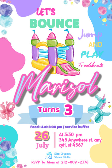 Let's Bounce | one Brithday party temple flayer editablet celebration ...