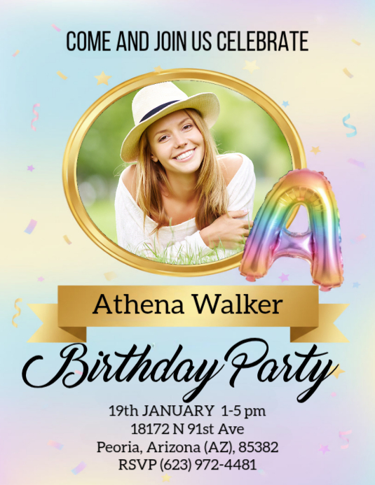 Letter A birthday party invitation with photo Template | PosterMyWall