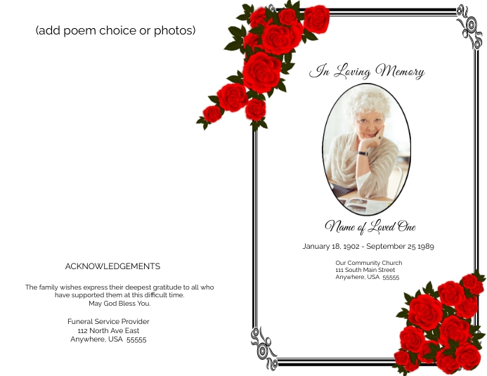 Letter Size Red Roses Obituary 1(side 1 of 2 Template | PosterMyWall