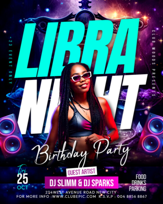 Libra birthday party zodiac sign horoscope celebration bash night club promotion poster template ...