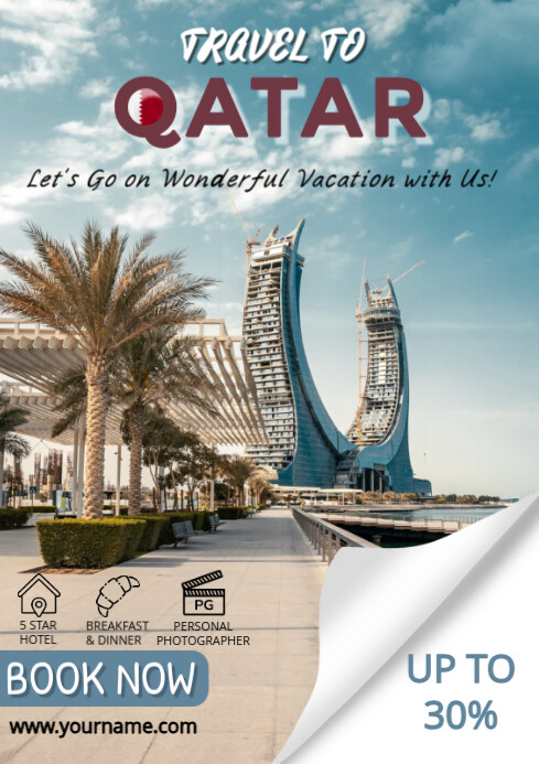 Copy of Light Blue and White Travel to Qatar Poster A4 Flyer Template ...