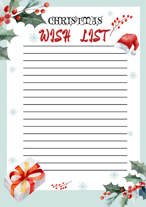 Light Blue And White Watercolor Christmas Wish List Flyer Template ...