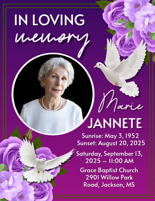 Lilac Purple Floral Funeral Flyer Memorial Flyer Template | PosterMyWall