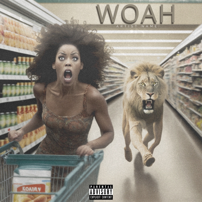 Lion Chasing Woman in Store Album Cover Desig Template | PosterMyWall