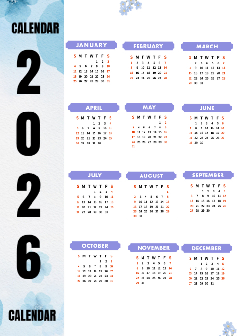 List-based 2026 Calendar Template A4 | PosterMyWall