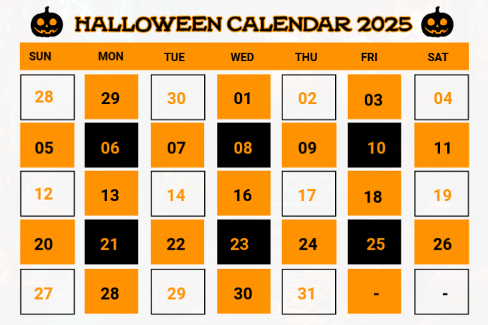 List-based Halloween Calendar 2025 Label Template | PosterMyWall
