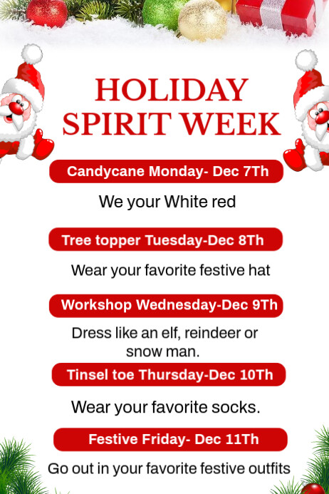 List-based Holiday Spirit Week Template Design Poster | PosterMyWall