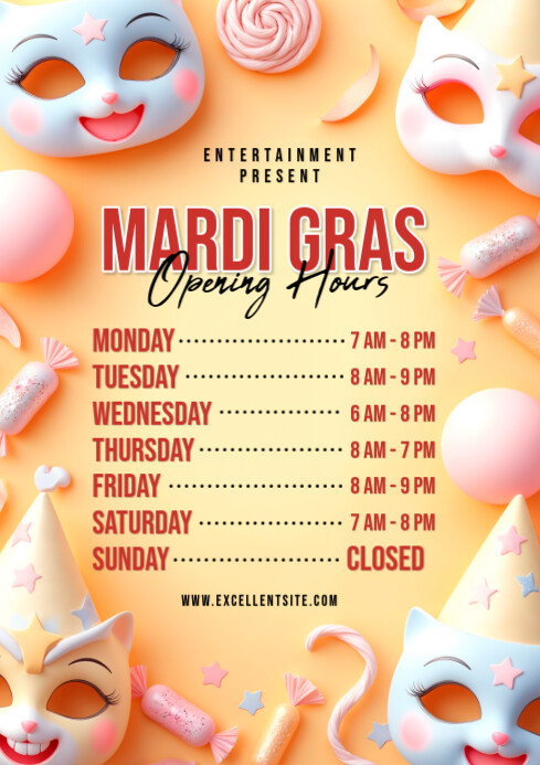 Plantilla de List-based Mardi Gras Opening Hours A4 | PosterMyWall