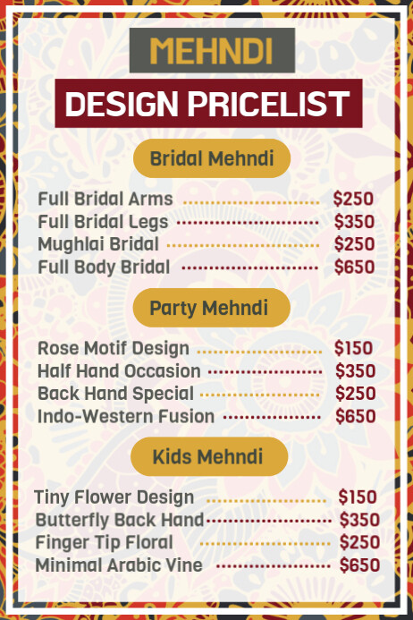 List-based Mehndi Design Pricelist Poster Template | PosterMyWall