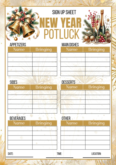Plantilla de List-based New Year Potluck Signup Sheet A4 | PosterMyWall