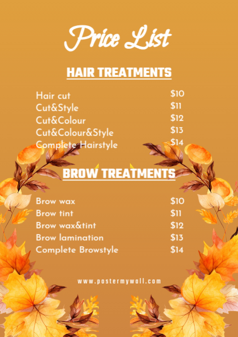 Plantilla de List-based Price List Hair & Brow Treatments A4 | PosterMyWall