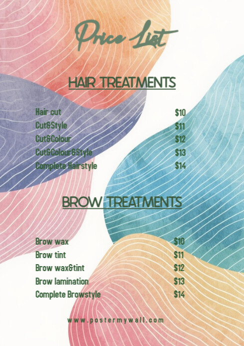 List-based Price List Hair & Brow Treatments A4 Template | PosterMyWall