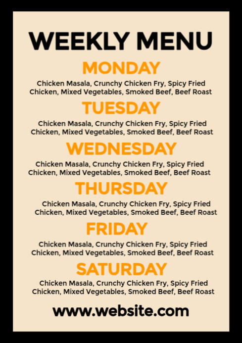 Plantilla de List-based Restaurant Weekly Food Menu A4 | PosterMyWall