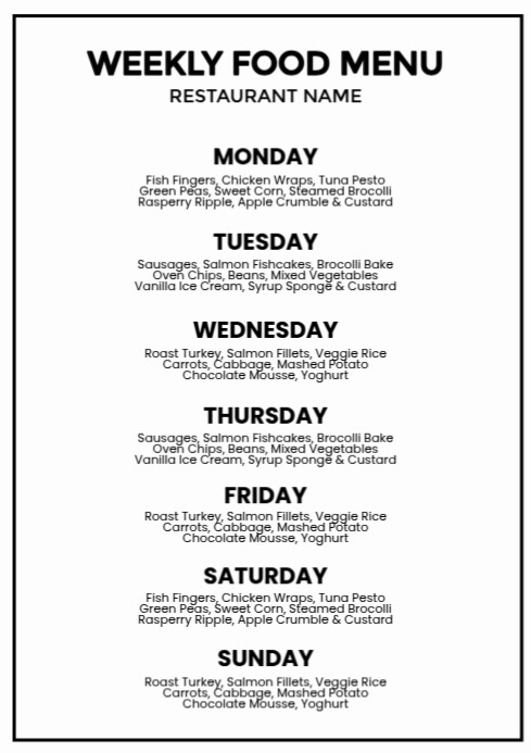 List-based restaurant weekly food menu card a4 Template | PosterMyWall