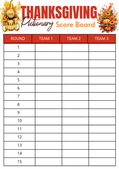 List-based Thanksgiving Pictionary Game Score Board A4 Template ...