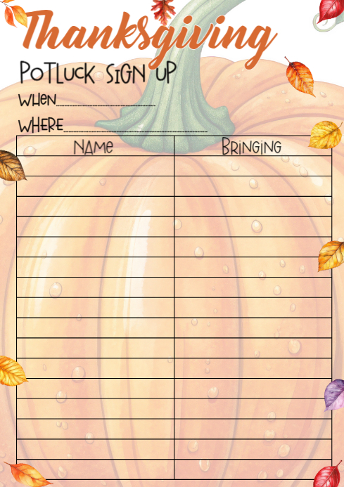 Modèle List-based Thanksgiving Potluck Sign Up Sheet | PosterMyWall