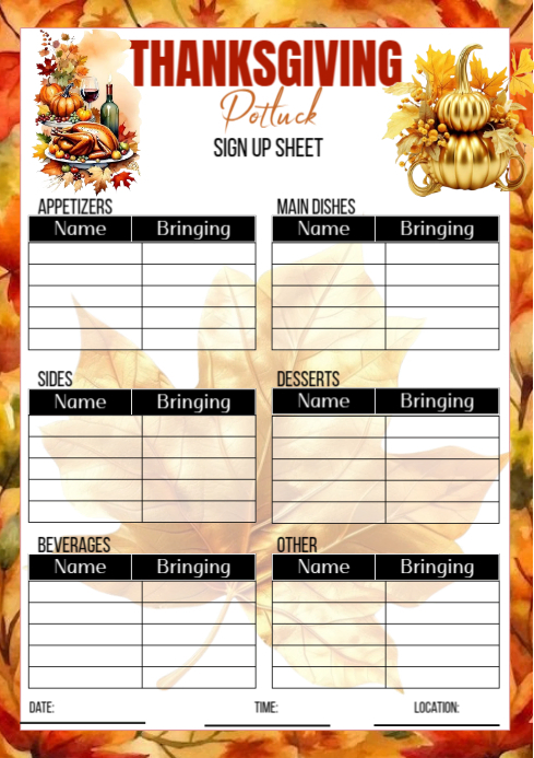 List-based Thanksgiving Potluck Signup Sheet A4 Template | PosterMyWall