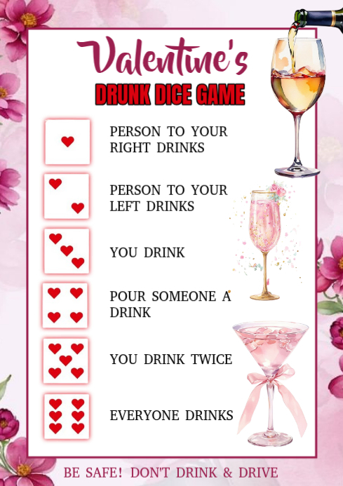 List-based Valentine Drunk Dice Game A4 Template | PosterMyWall