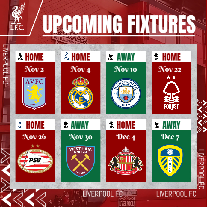 Liverpool Upcoming Fixtures 2025 Instagram Post Template | PosterMyWall