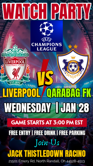 Liverpool Vs Qarabag Fk UEFA 2026 Watch Party Instagram Story Template ...