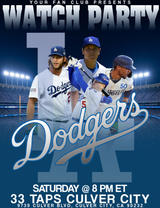 Los Angeles Dodgers Baseball Watch Party Flyer (us Letter) Template ...