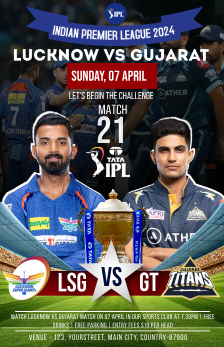 Plantilla de LSG vs GT ipl match Poster Template | PosterMyWall