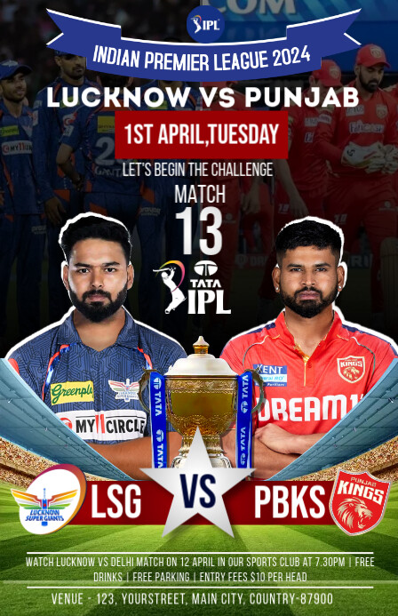 Copy of LSG Vs PBKS Ipl Cricket Match Poster Template | PosterMyWall