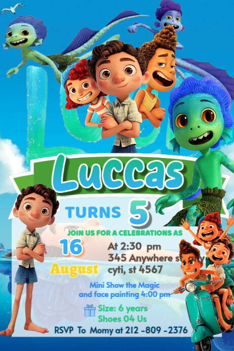 Copy of Luca Invitation Happy Brithday Party Temple Boy Celebration Kids Disney Poster ...