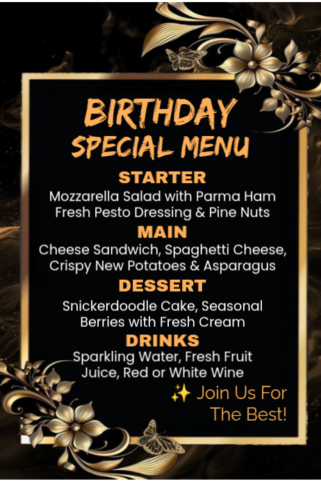 Plantilla de Luxury Black & Gold Birthday Special Menu Design ...