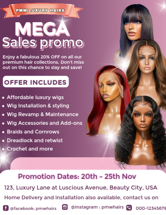 Copy of Luxury Hair Sales Promo Flyer Template | Wig Shop Discount ...