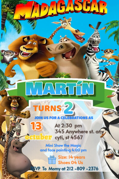 Copy of Madagascar Invitation Brithday Party Temple Flayer Editablet ...