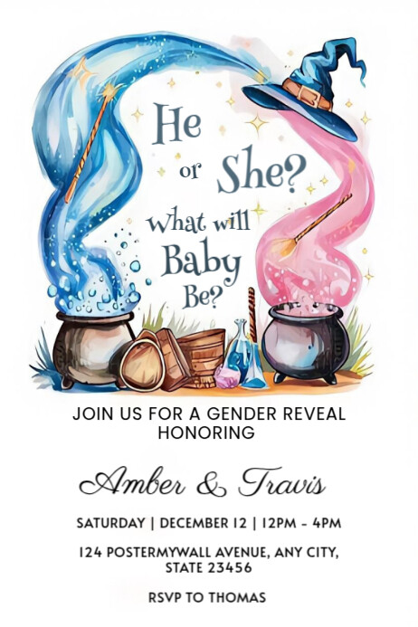 Magical He or She Gender Reveal Invitation – Pink & Blue Wizard Theme ...