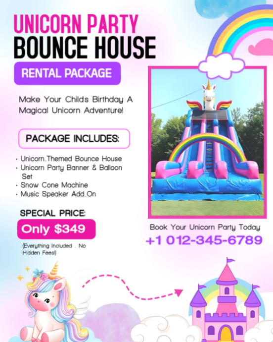 Magical Unicorn Bounce House Rental Flyer Template - Fun Toddler Party ...