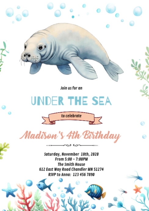 Manatee birthday party invitation Template | PosterMyWall