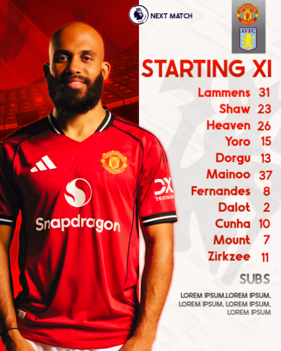 Manchester United Starting XI Matchday | Premier League Lineup Design ...