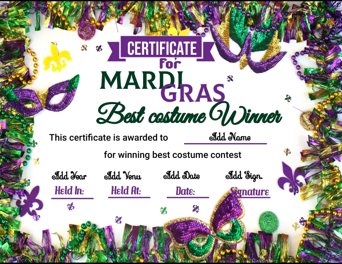 mardi gras best costume certificate post (1) Template | PosterMyWall