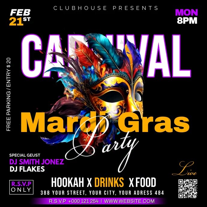 Copy of MARDI GRAS CARNIVAL NIGHT PARTY FLYER POSTER | PosterMyWall