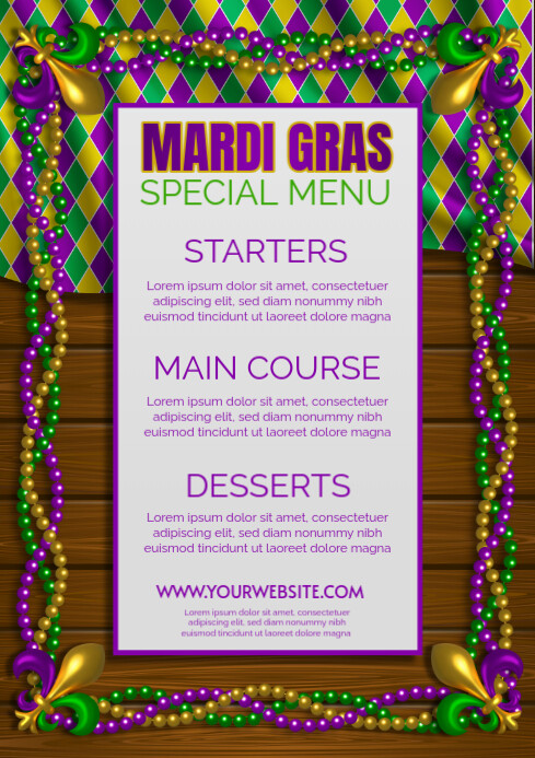 mardi gras carnival party special menu with beads, lilies and flag on ...