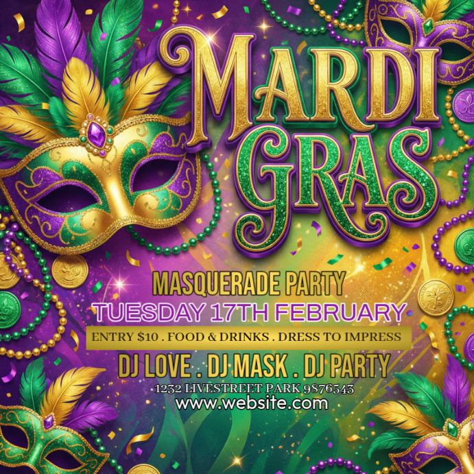 Mardi Gras Masquerade Party Instagram Post Templat | PosterMyWall
